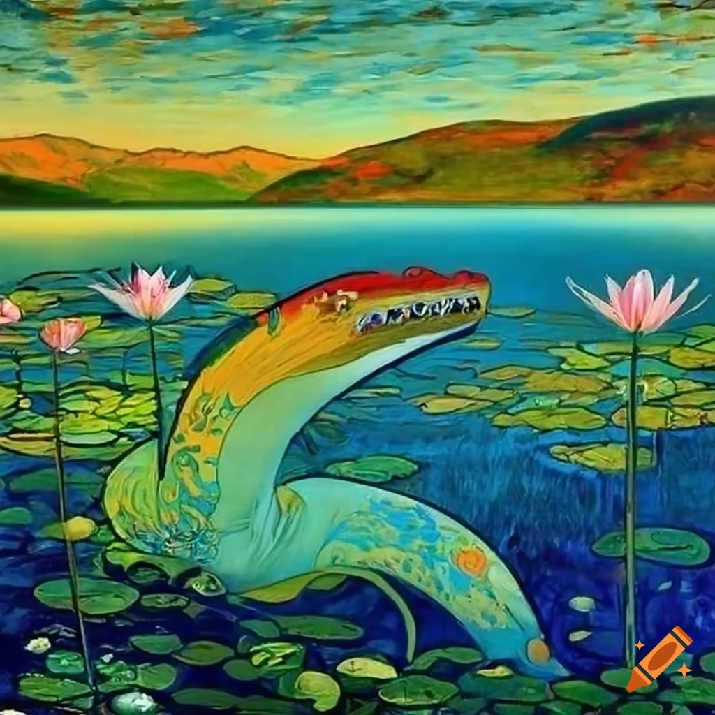 Vibrant artwork of the loch ness monster in the style of klimt, mucha ...