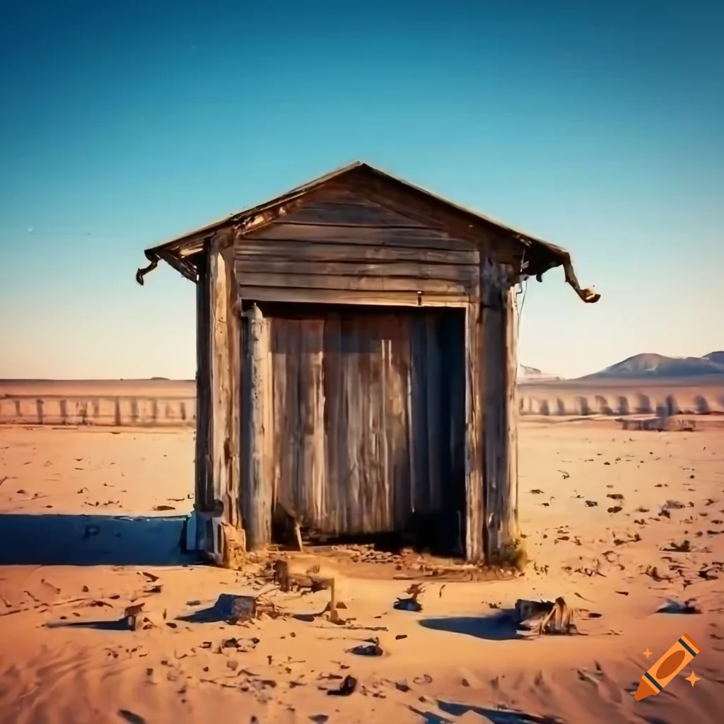 Abandoned shack in the desert under a blue sky on Craiyon
