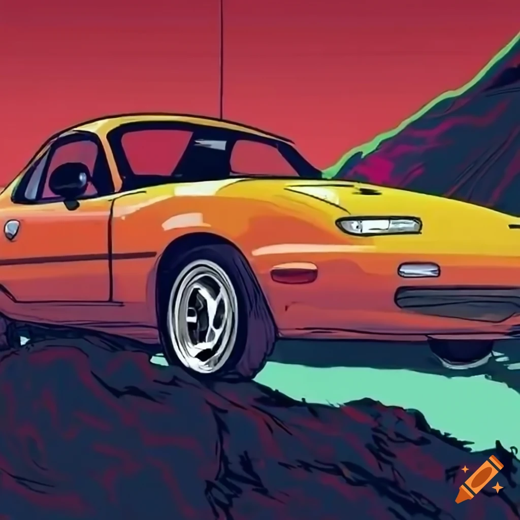 Retro-style artwork of a drifting Orange Miata on Craiyon