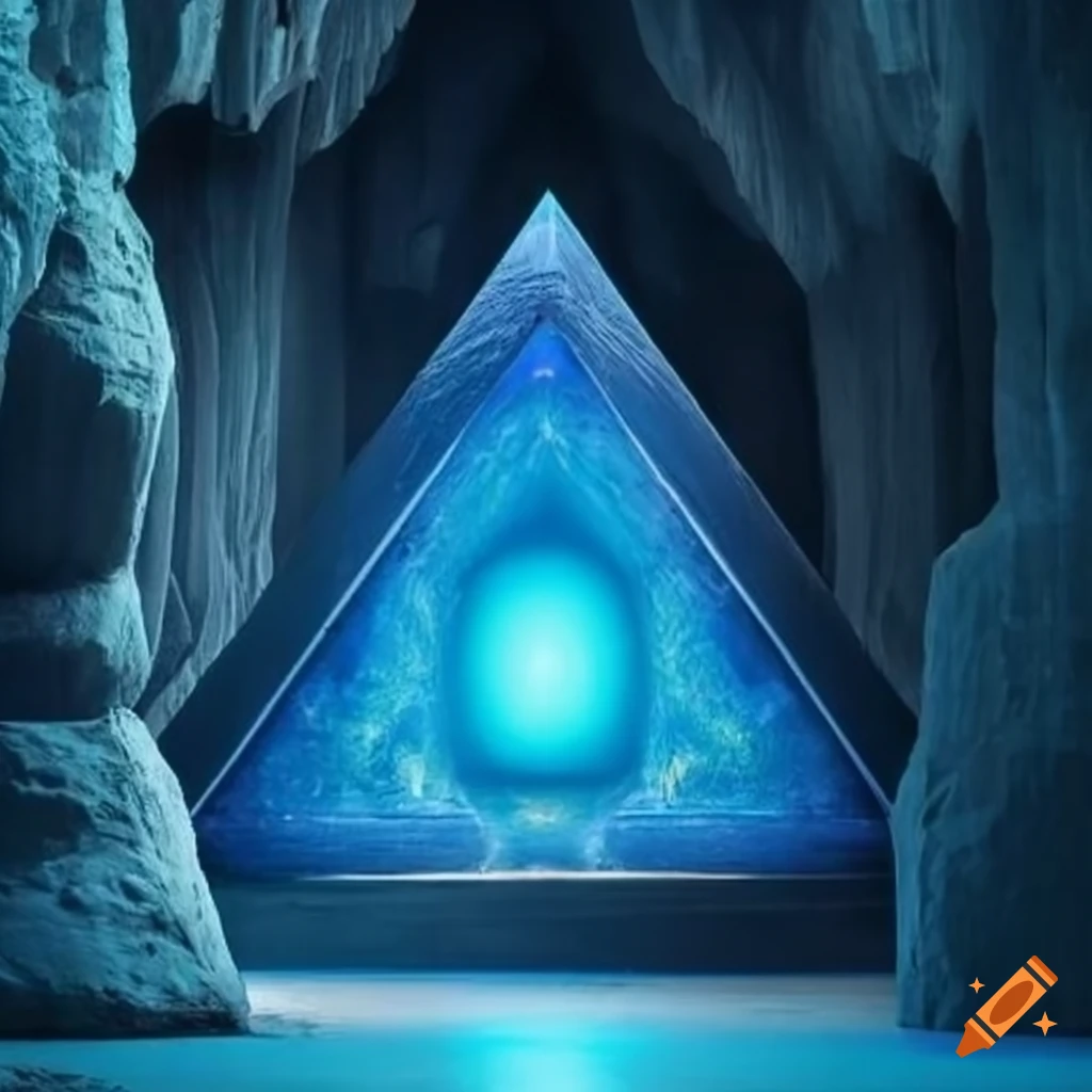 Photo of a triangle in a cave with a blue portal