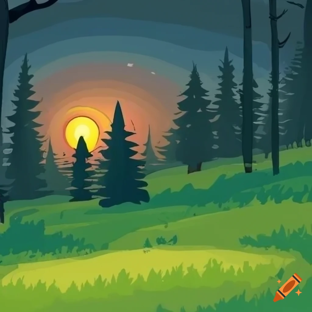 Cartoon illustration of an evening meadow on Craiyon