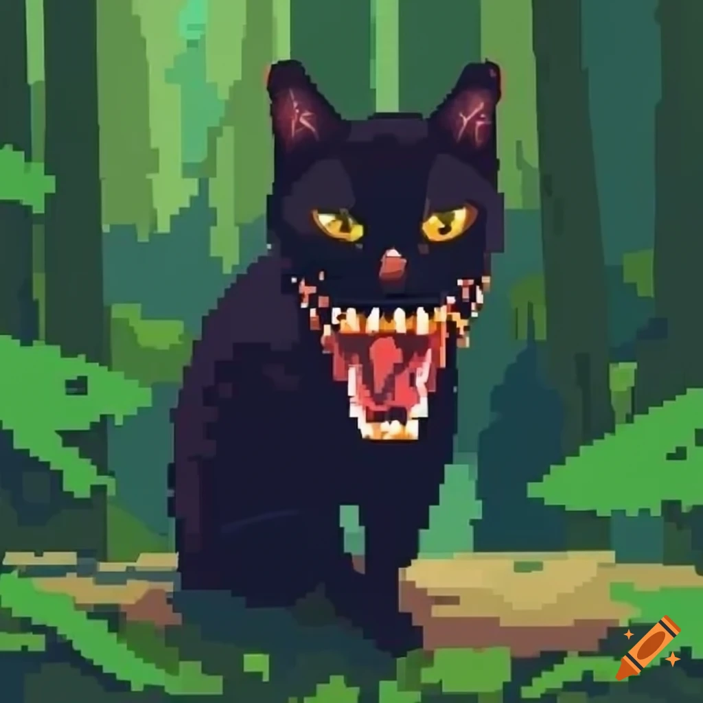 Pixel art of a fierce black cat in the woods