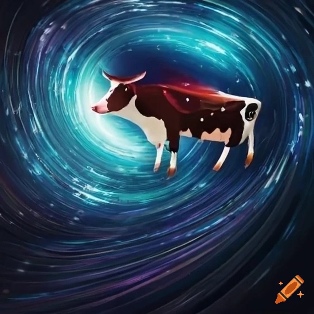 Fantasy artwork of a flying cow in space