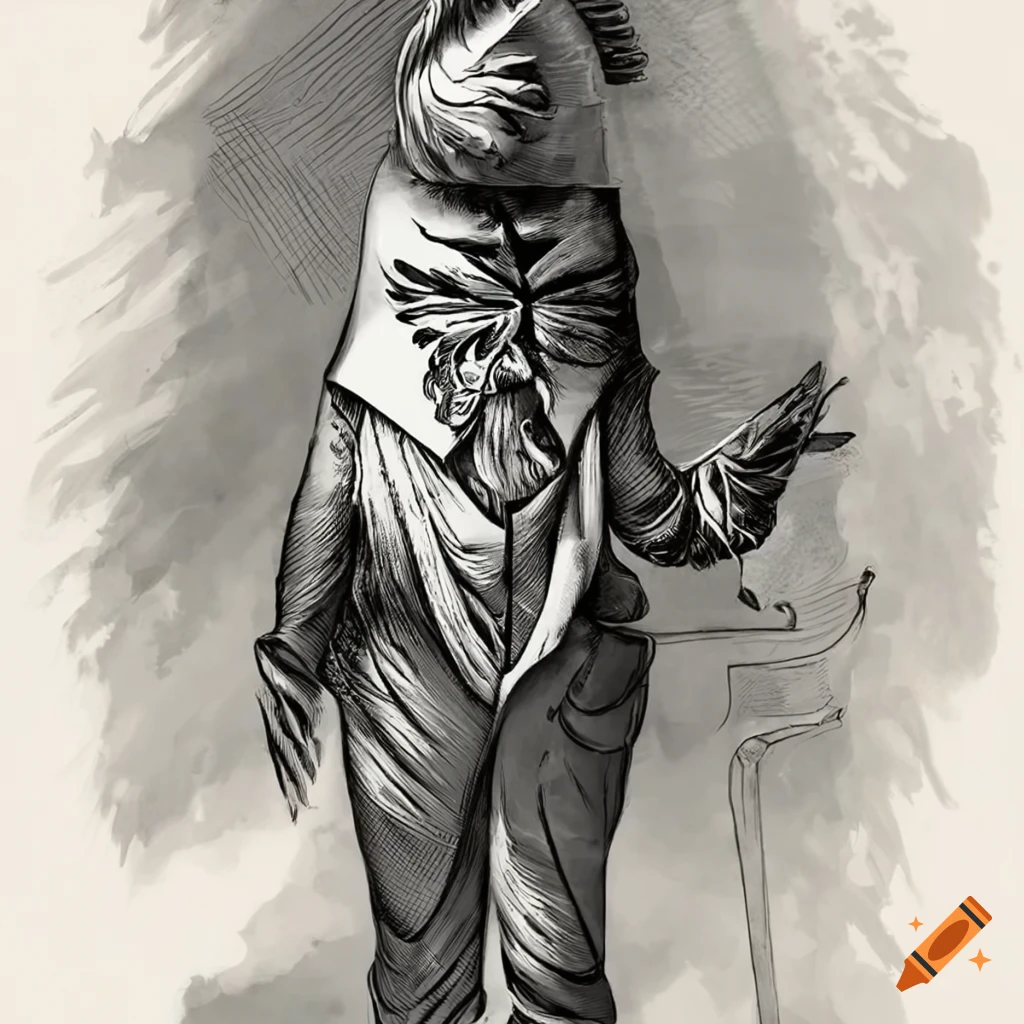 Vintage black and white artwork of a fish dressed as a butler on Craiyon