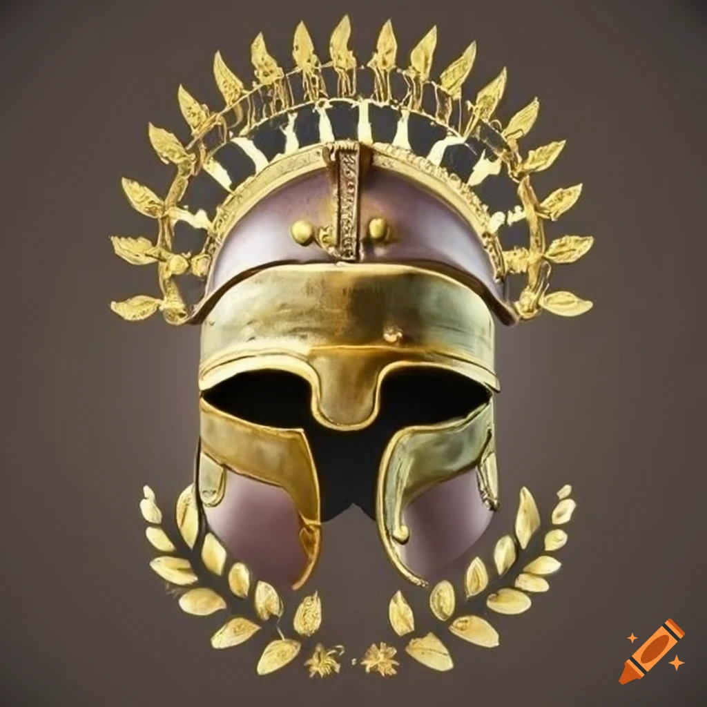 Golden Roman helmet with laurel wreath and inscription on Craiyon