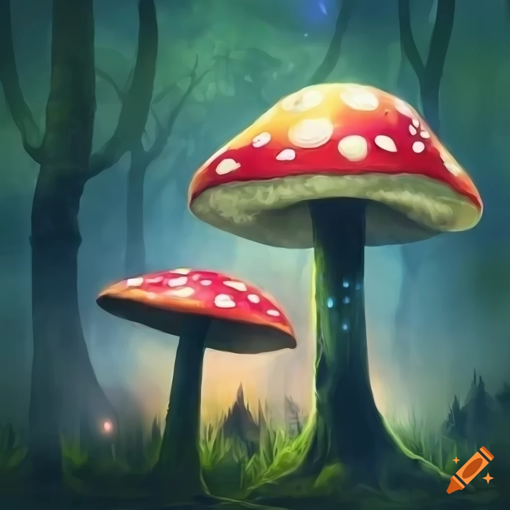 Realistic digital painting of a magical forest with giant mushrooms and ...