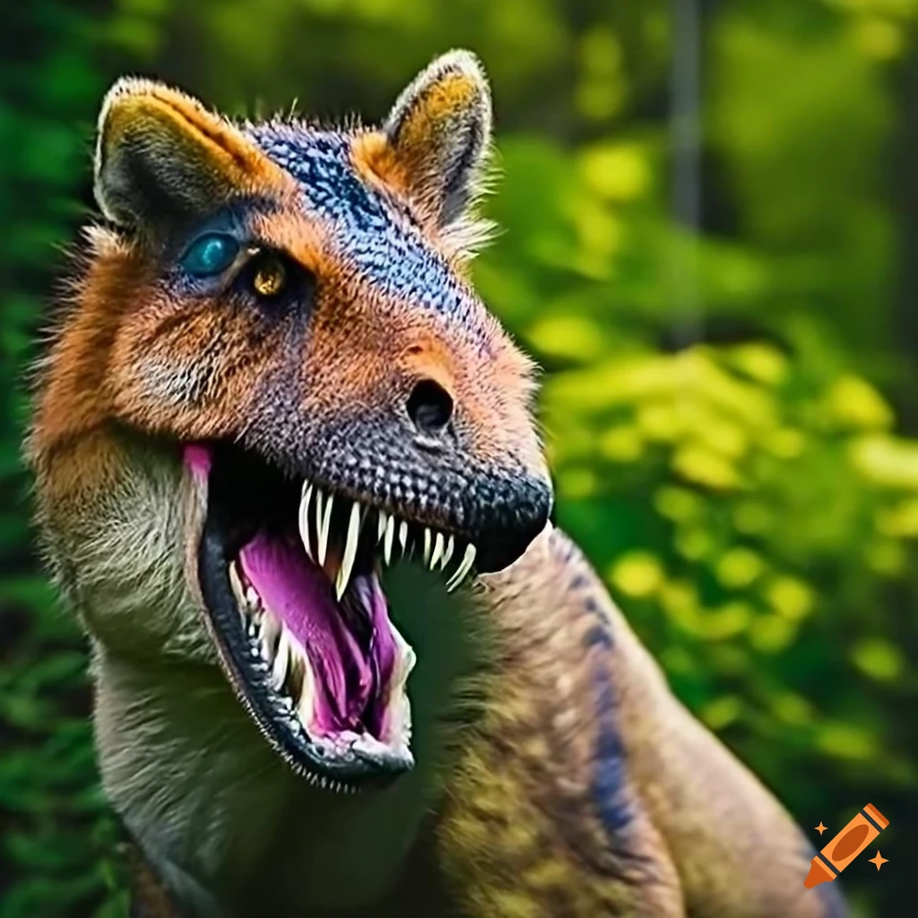 Digital art of a determined t-rex and fox hybrid in a forest on Craiyon