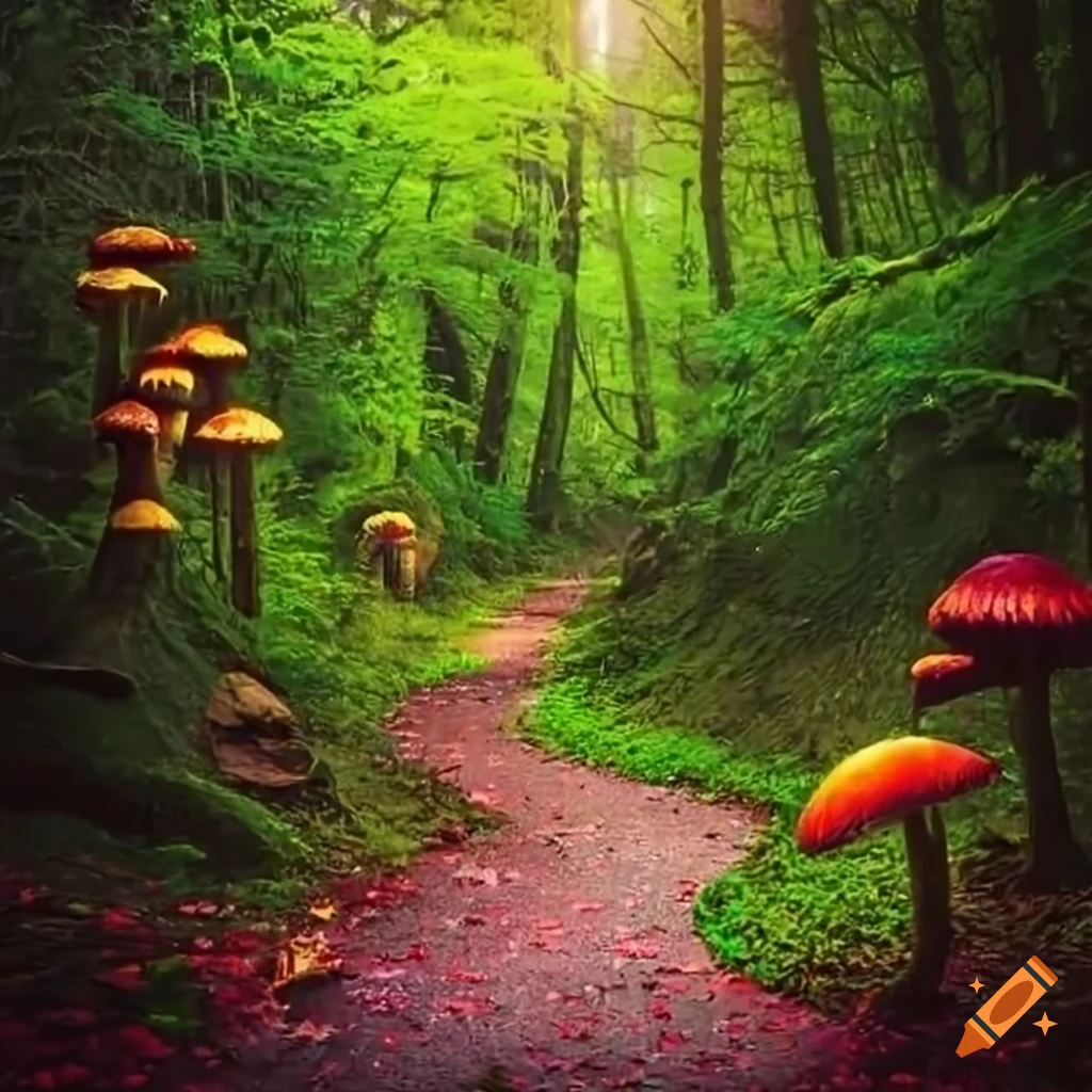 Path through a vibrant forest with colorful mushrooms on Craiyon