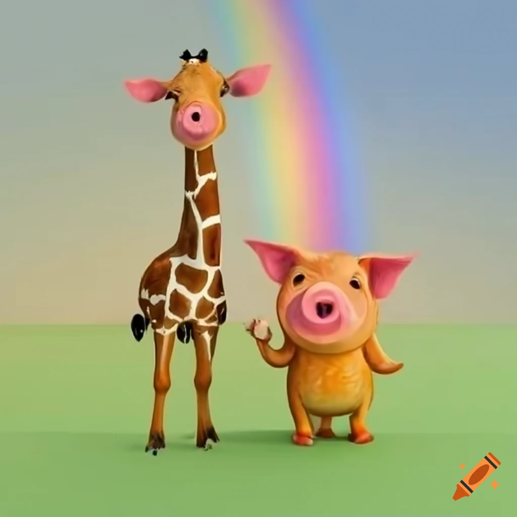 Cute pig and giraffe admiring a rainbow on Craiyon