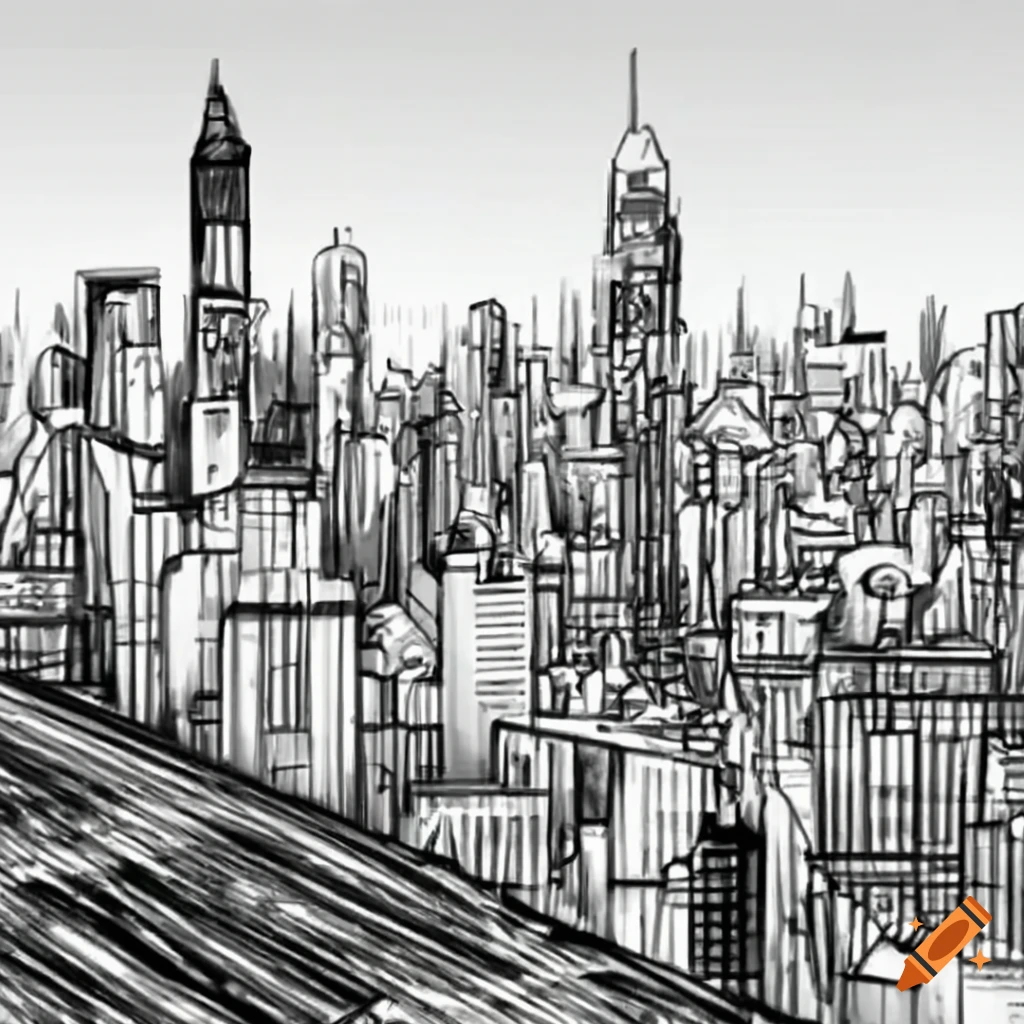 Black and white drawing of a city