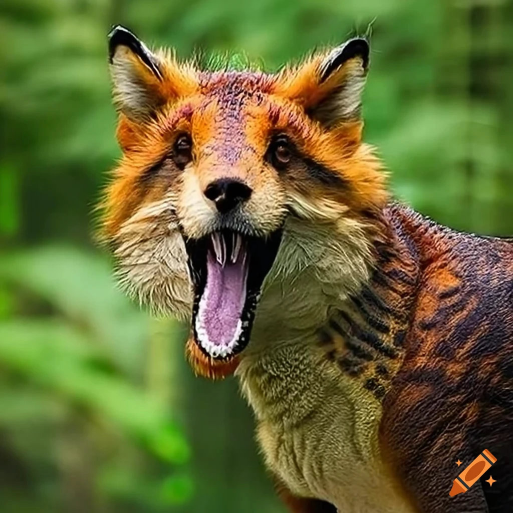 Digital artwork of a roaring t-rex and fox hybrid in a forest on Craiyon