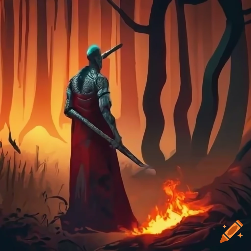 Renaissance artwork of a man rising from ashes with a fiery sword on ...