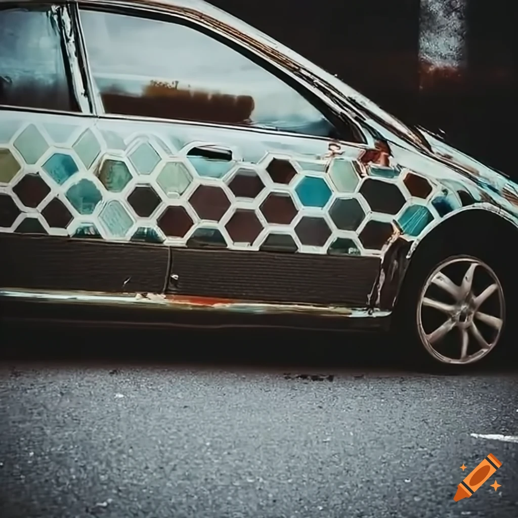 Hexagonal pattern on a broken car on Craiyon