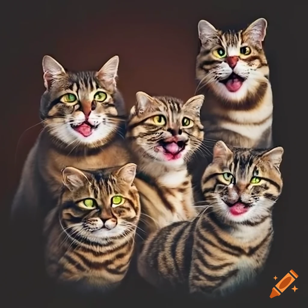 Smiling cats in a large group