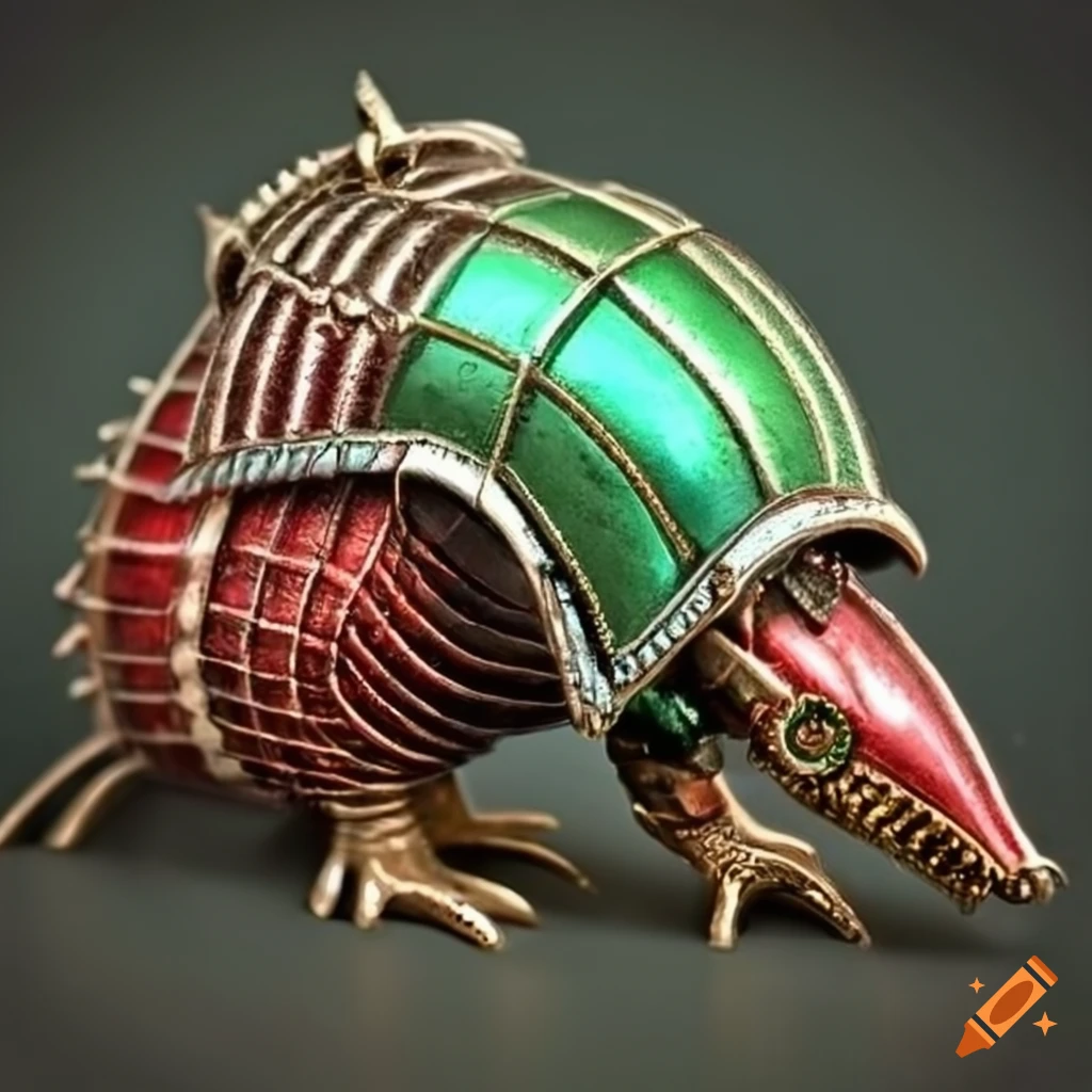 Silver and metallic red and green steampunk armadillo