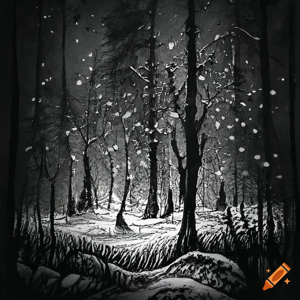 Ink drawing of a nordic forest in black and white on Craiyon