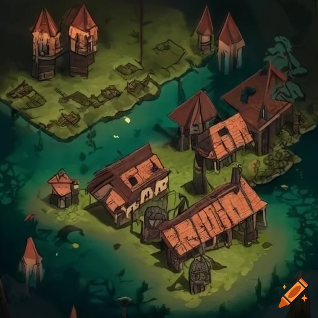 Isometric map of a medieval village and spooky mangrove swamp on Craiyon