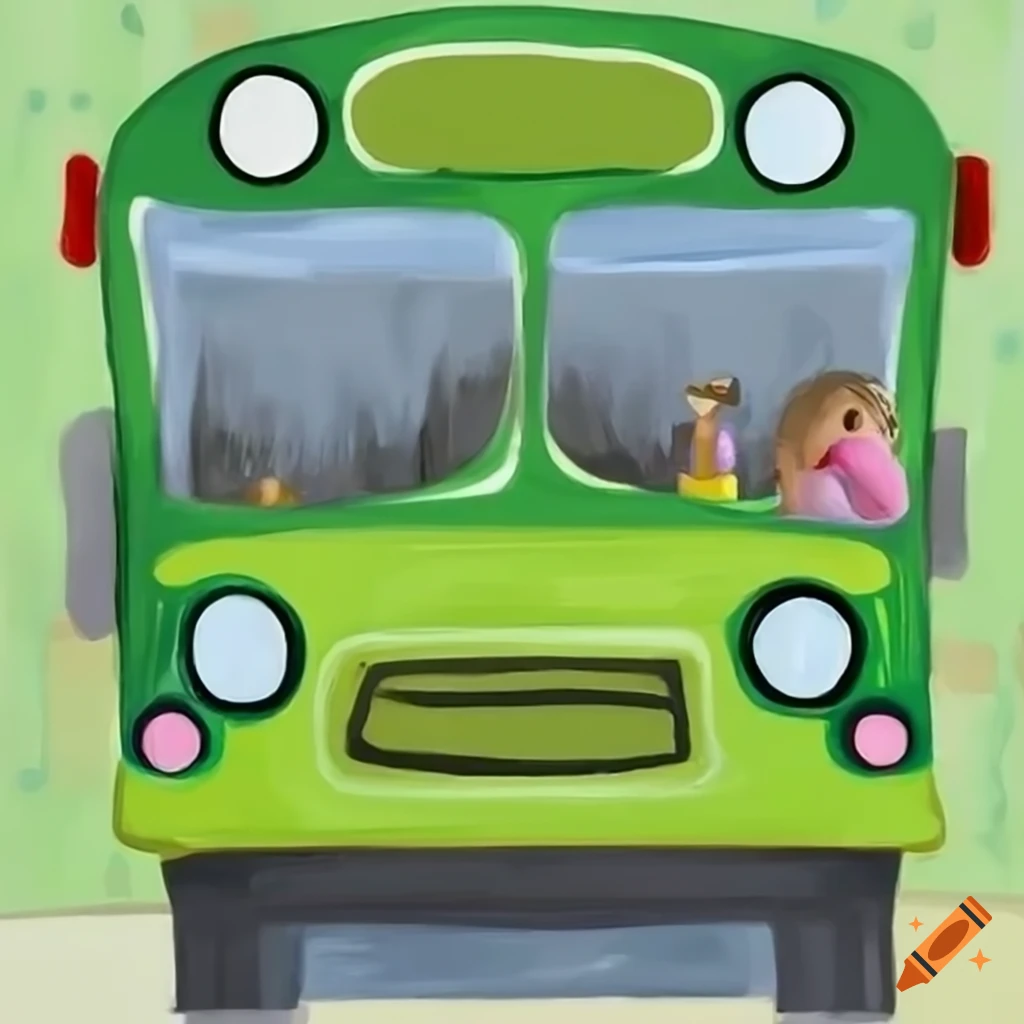 Digital painting of a green bus for kids