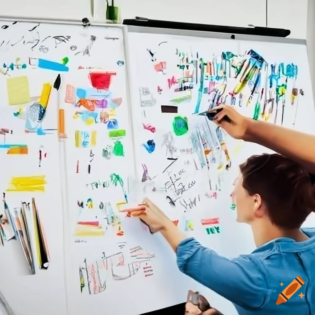 Professionals brainstorming and drawing on a whiteboard