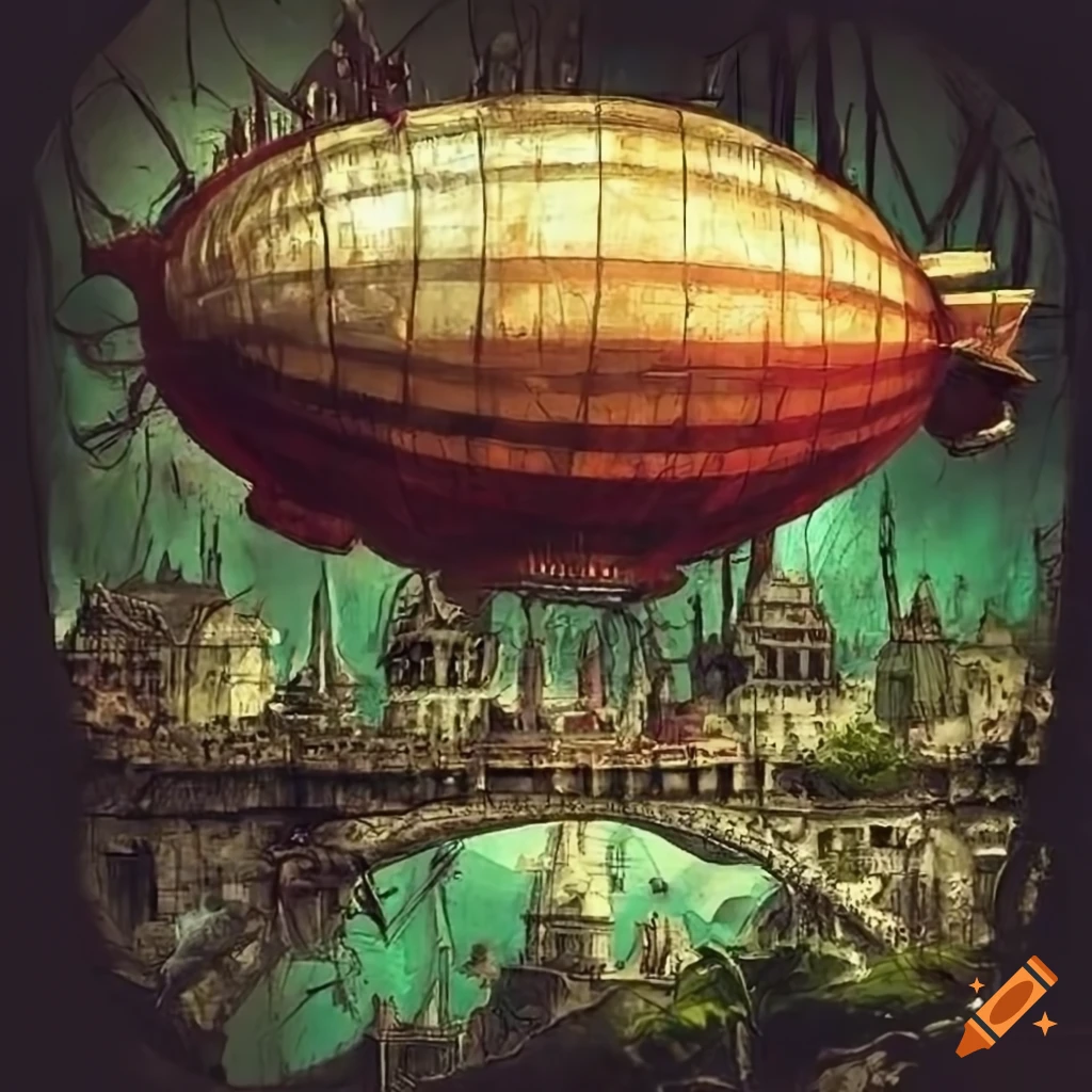 Red and green steampunk city overgrown by jungle on Craiyon