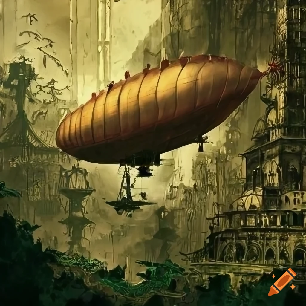 Red and green steampunk city overgrown by jungle on Craiyon