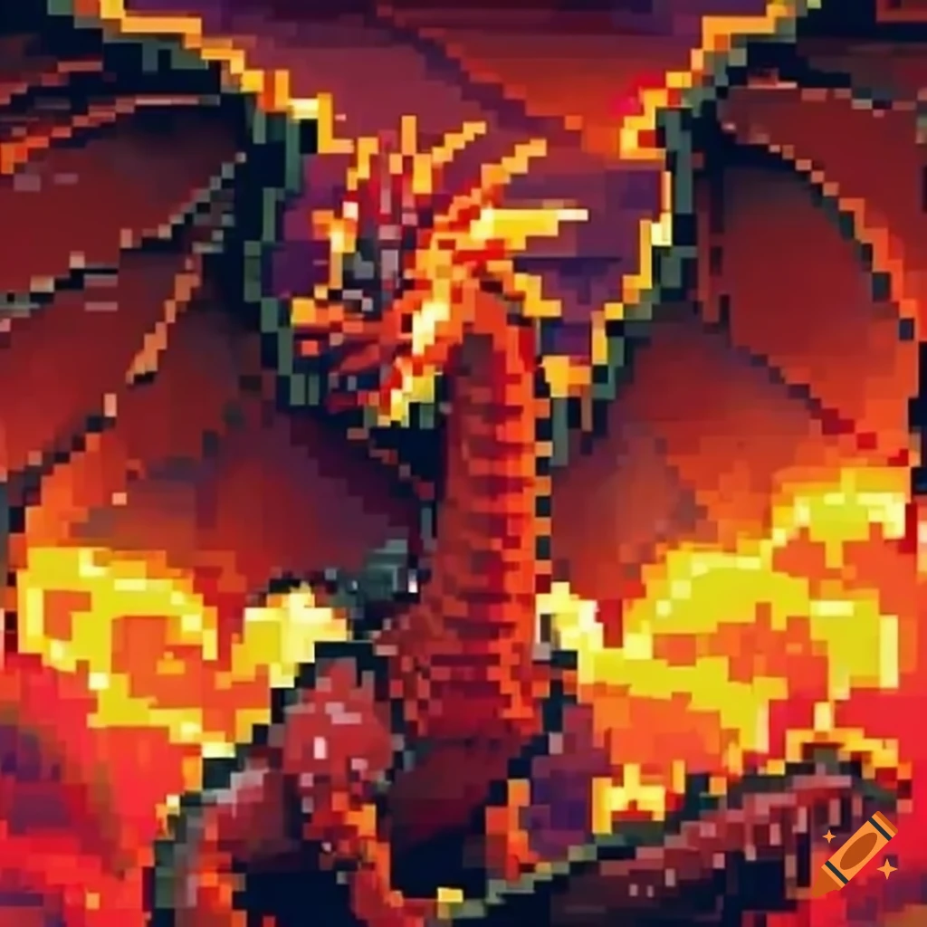 Pixel art of a roaring red dragon engulfed in flames on Craiyon