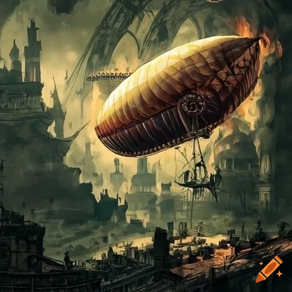 A flaming airship falling over a jungle-covered city on Craiyon