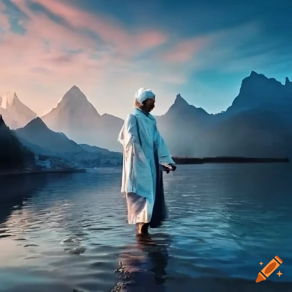 Man walking on river water with mountain view