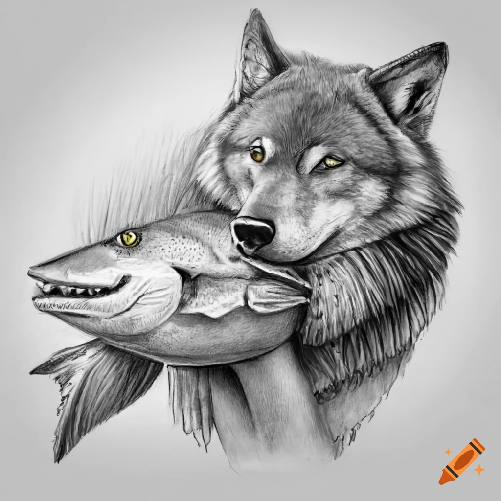 Wolf and fish holding hands on Craiyon