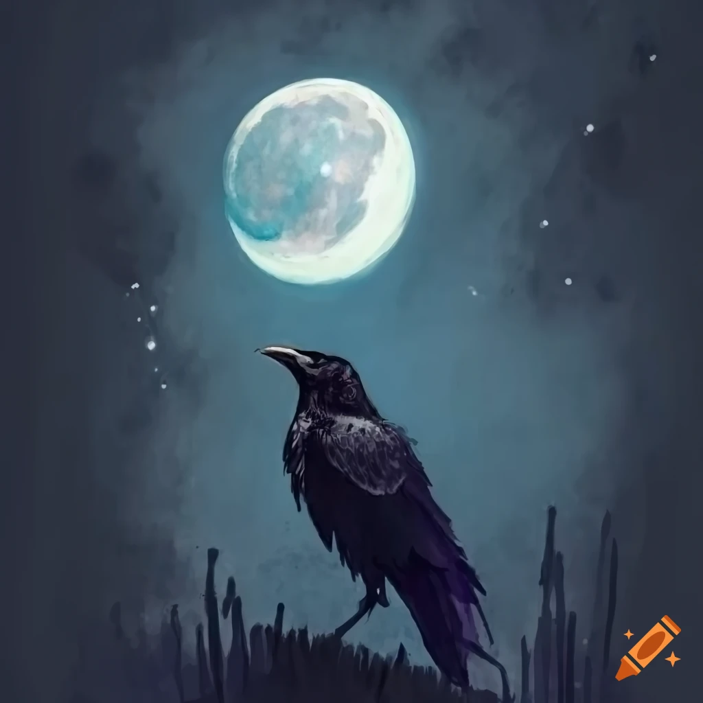 Crow perched on a skull with a moonlit sky on Craiyon