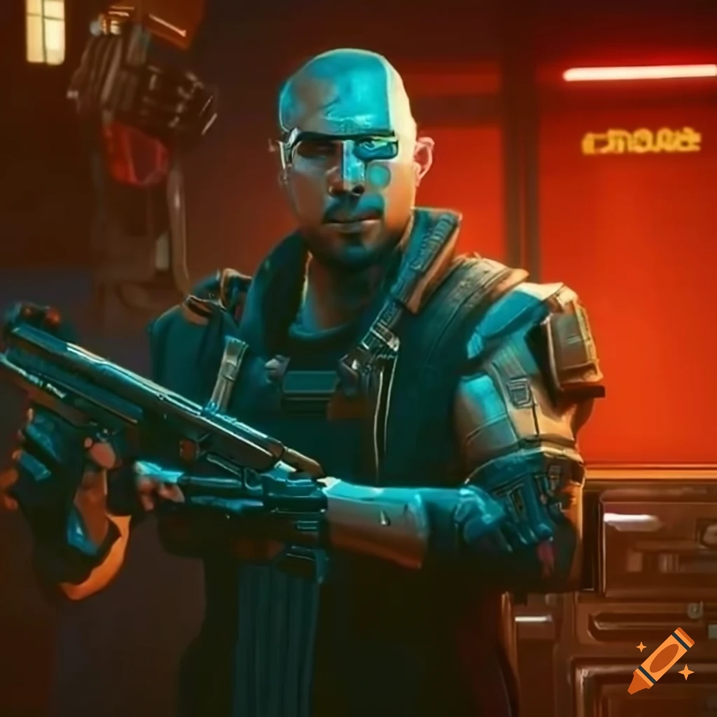 Cyberpunk 2077 game character with a gun on Craiyon