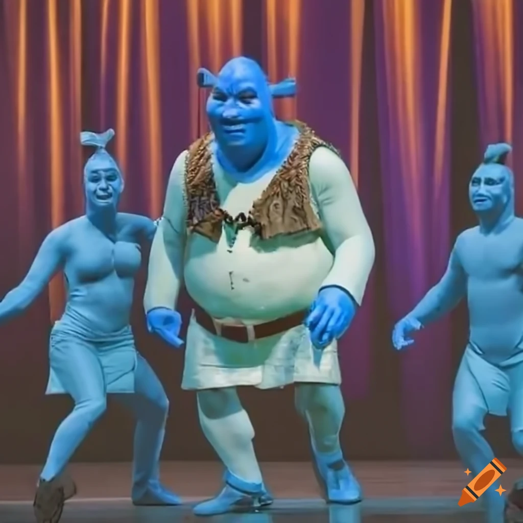 Blue shrek performing with the blue man group on Craiyon