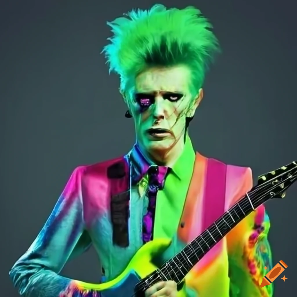 Neon punk style image with cure bowie and guitar on Craiyon
