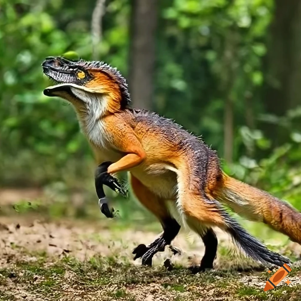 Digital art of a Velociraptor and fox hybrid roaring in a forest on Craiyon