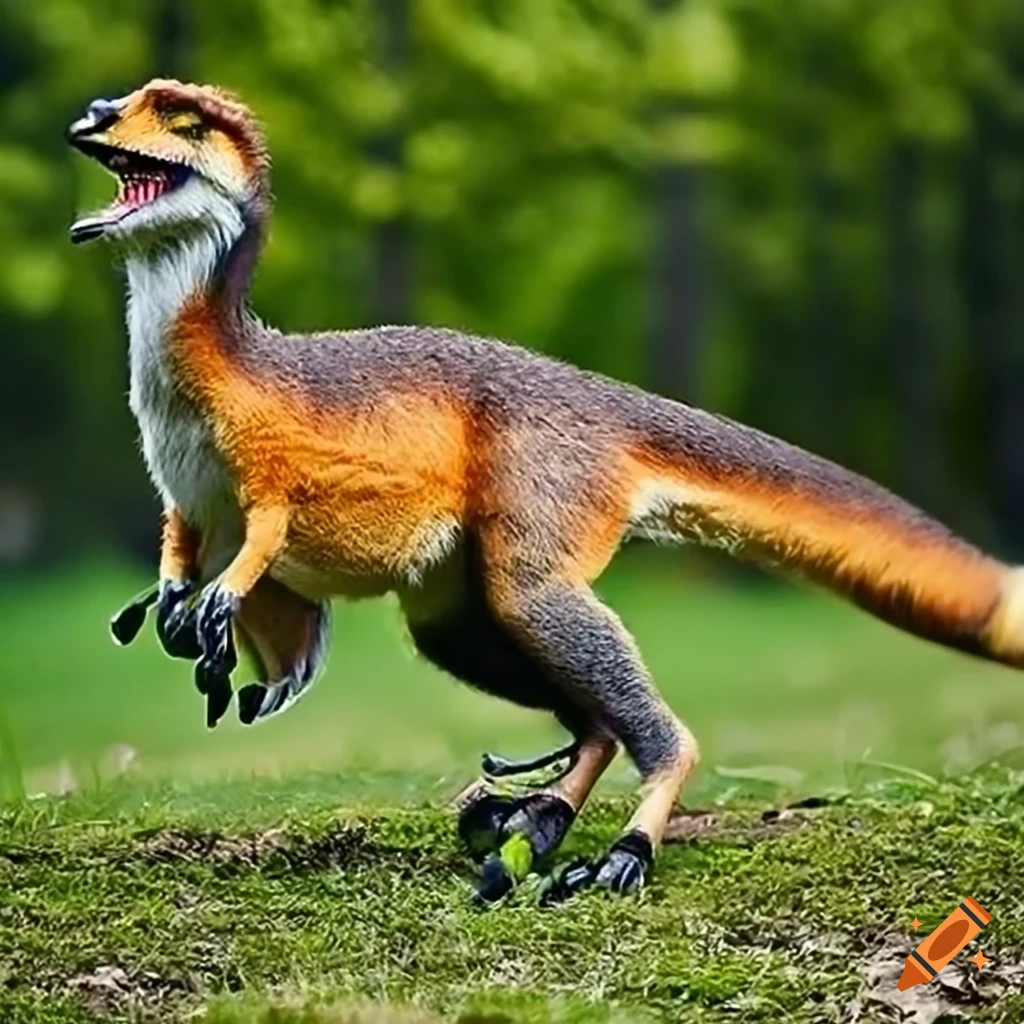 Vibrant full body shot of a velociraptor and fox hybrid roaring in a ...