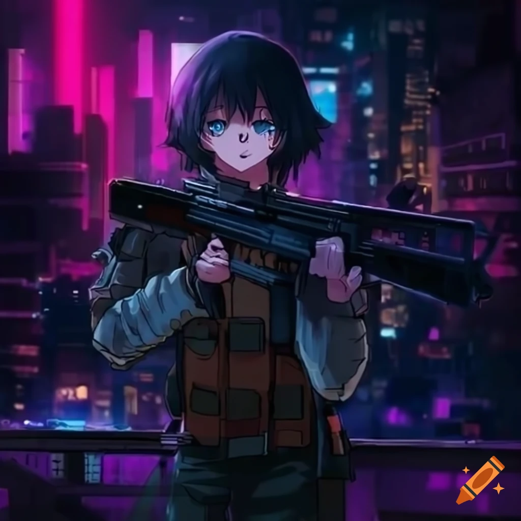Cyberpunk anime character with high-tech sniper rifle on Craiyon