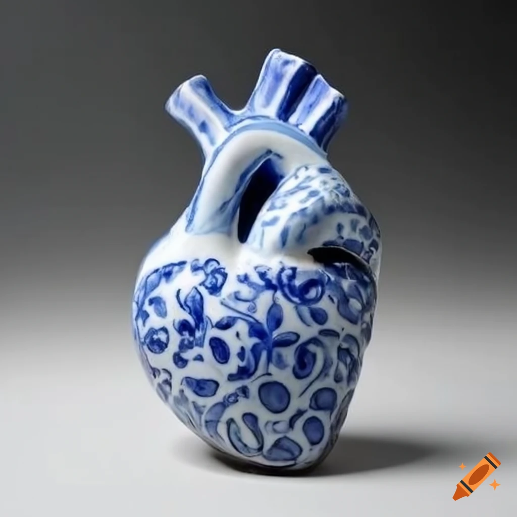 Blue and white ceramic human heart on Craiyon