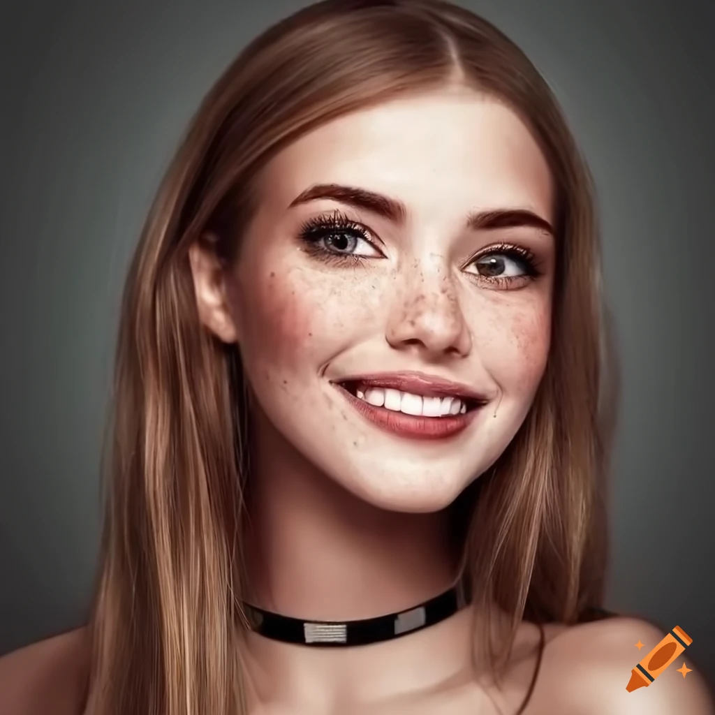 Portrait of a beautiful woman with freckles and brown hair on Craiyon