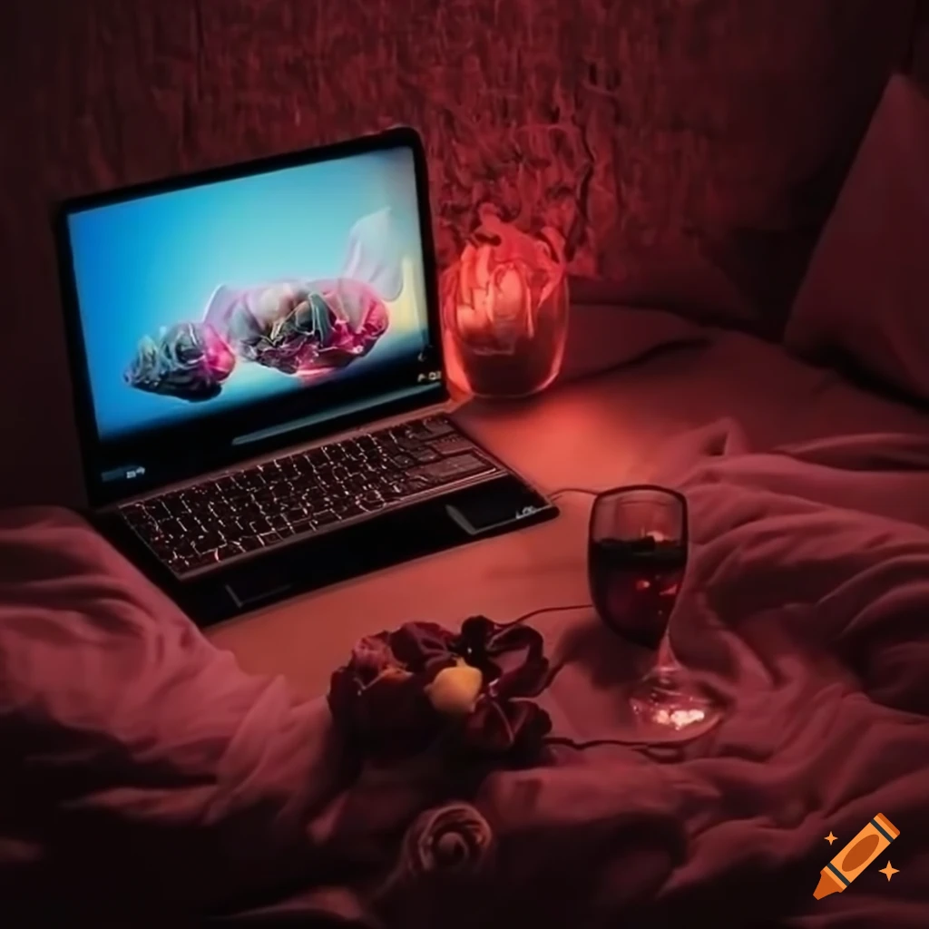 Cozy computer setup with wine and chocolates on Craiyon