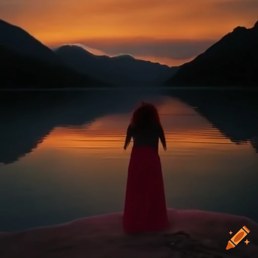 Dusky girl in pink dress standing by peaceful lake on Craiyon
