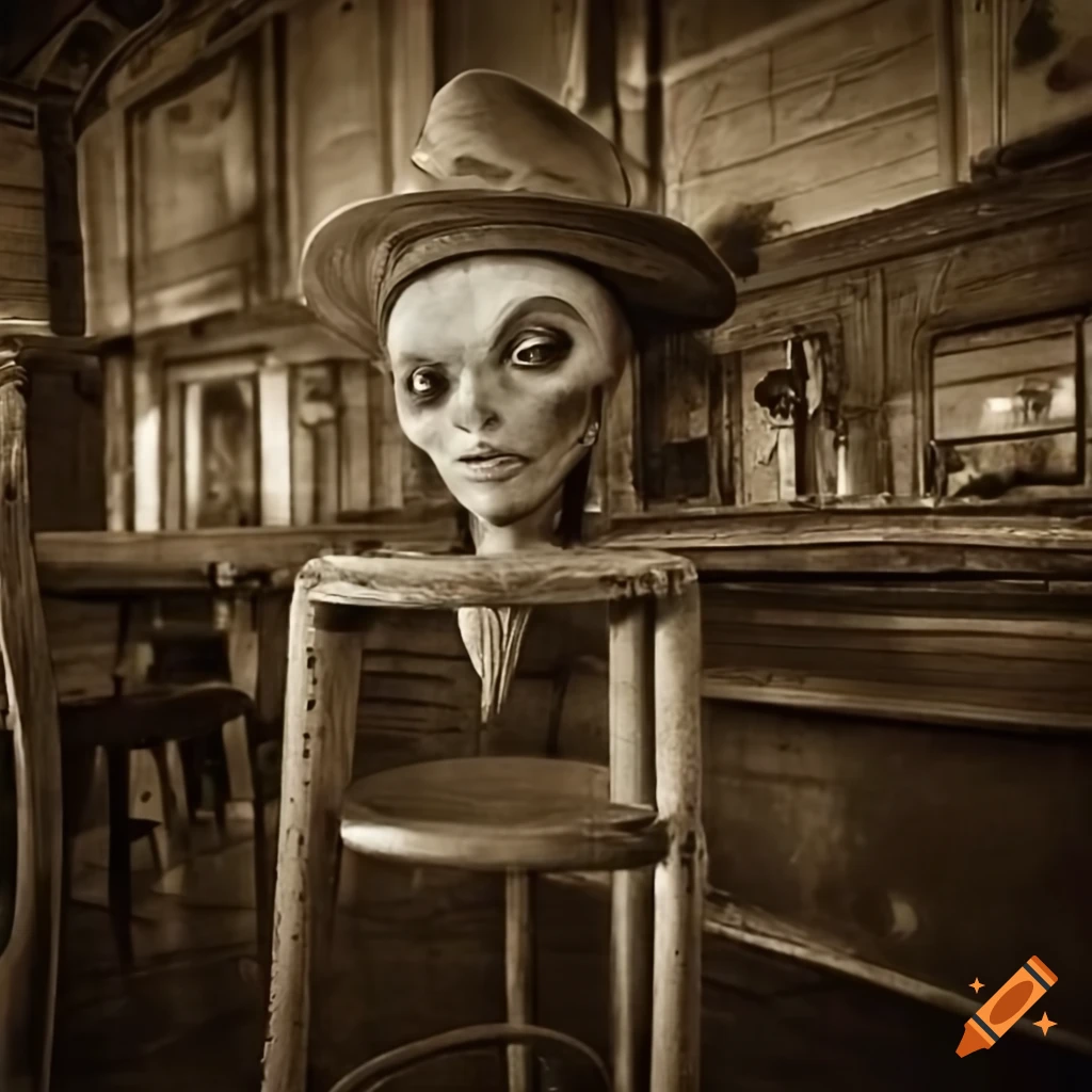 Sepia photograph of a grey alien in an old saloon