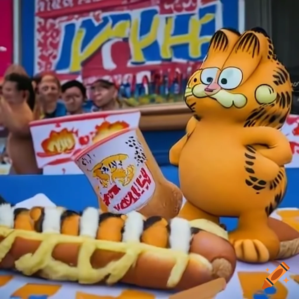 Garfield competing in a hot dog eating contest on Craiyon
