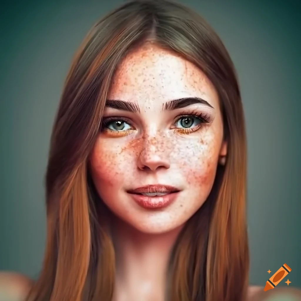 High resolution portrait of a smiling woman with freckles and brown hair