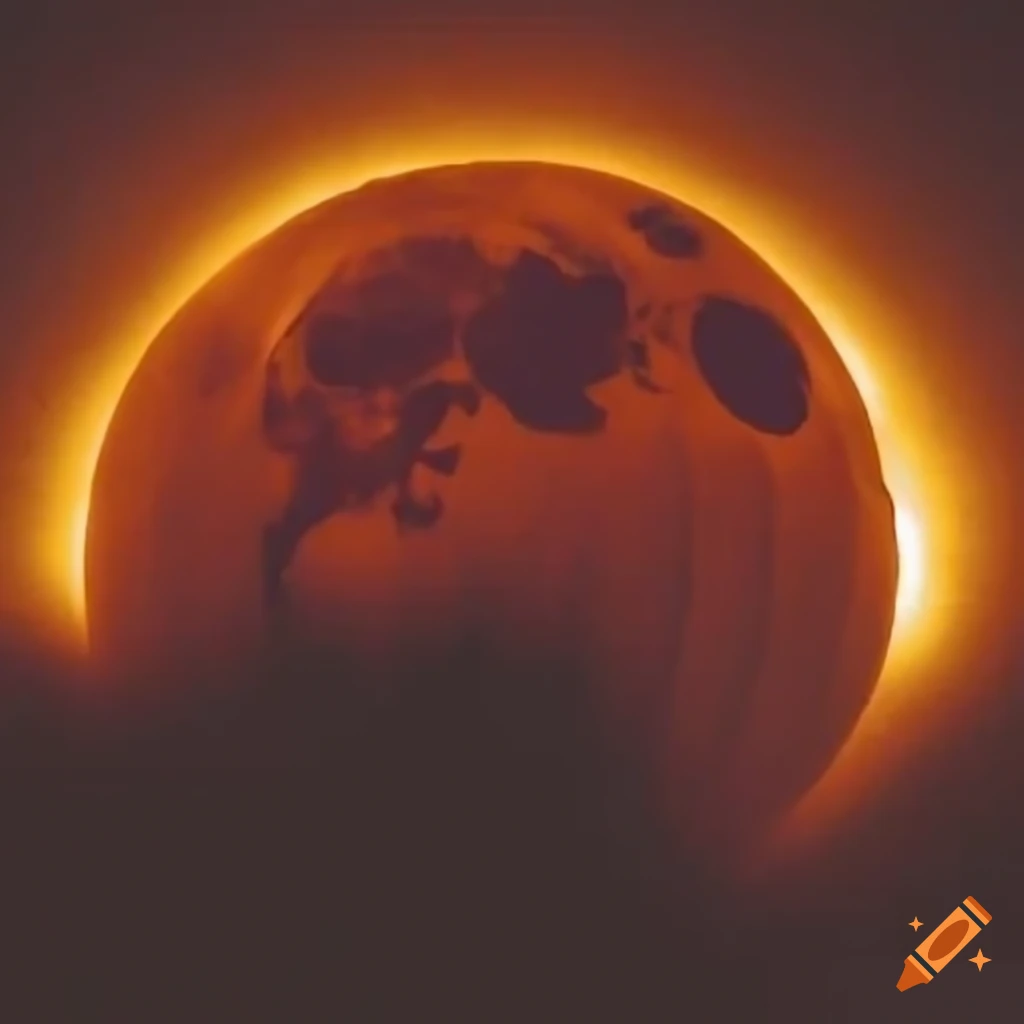 Hyper-realistic depiction of a solar eclipse with a pumpkin moon on Craiyon