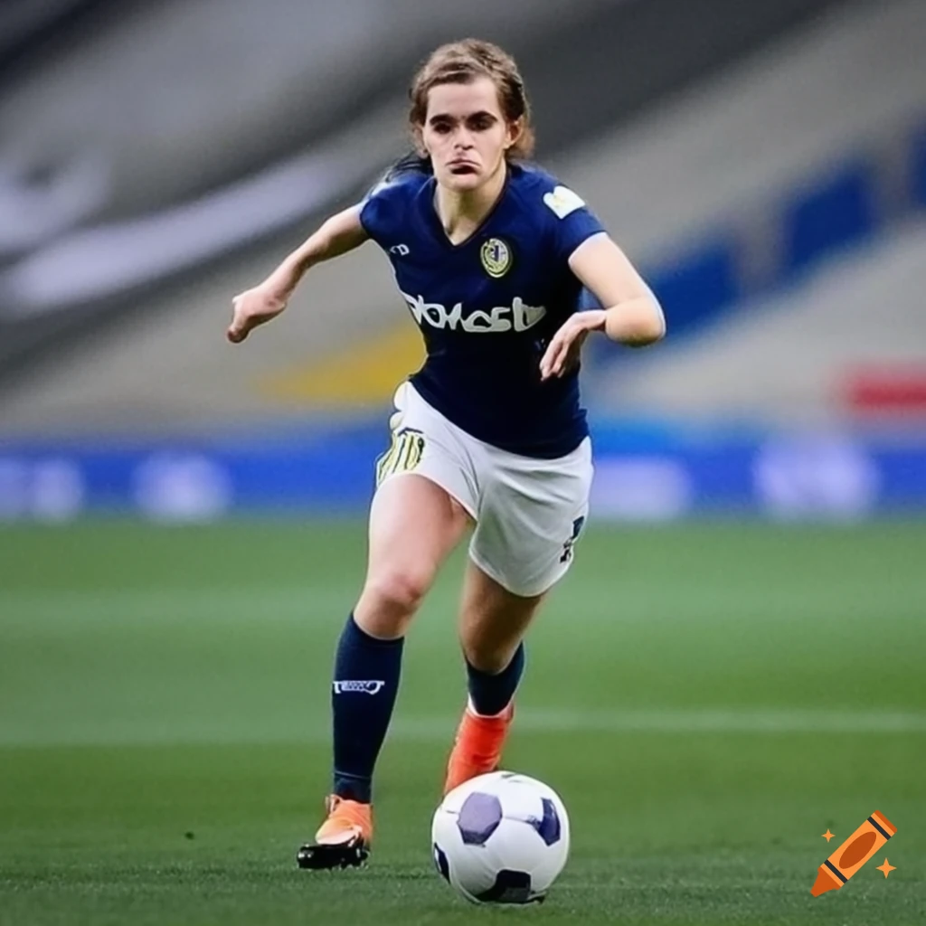 Photorealistic image of Emma Watson playing soccer on Craiyon