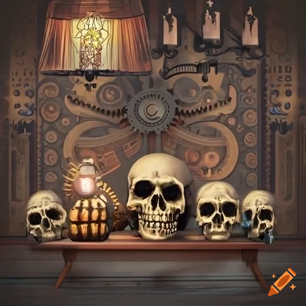 Steampunk living room with surreal skull decor on Craiyon