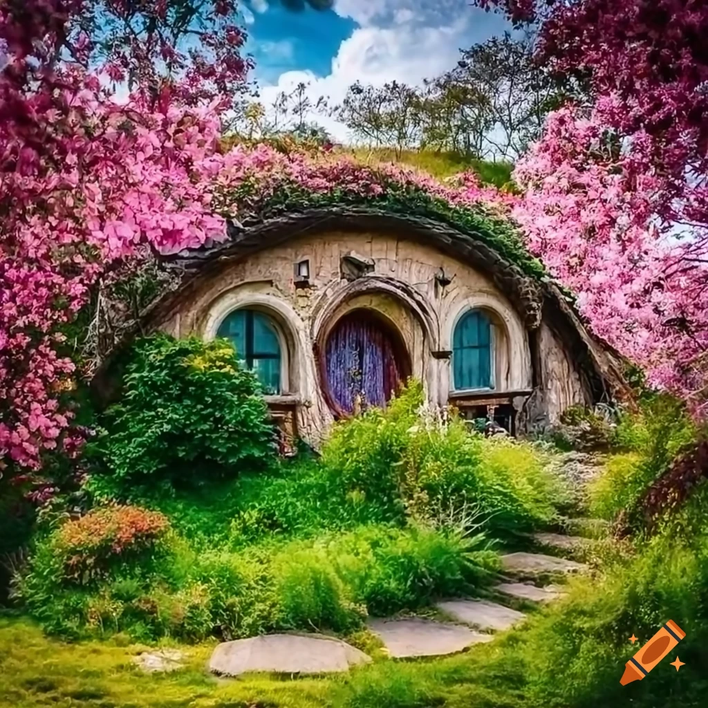 Exterior photo of a colorful hobbit house surrounded by flowers on Craiyon