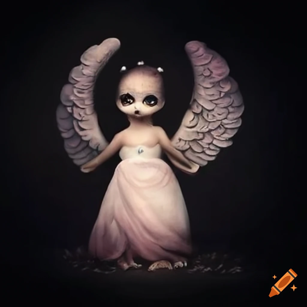 Image of a creepy sweet small angel bird on Craiyon