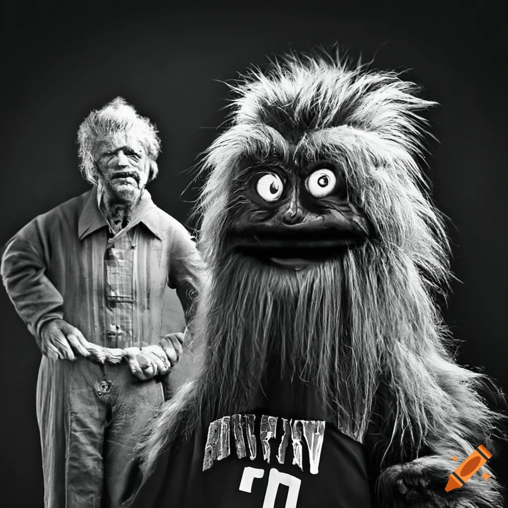 Gritty mascot standing next to john brown in black and white on Craiyon