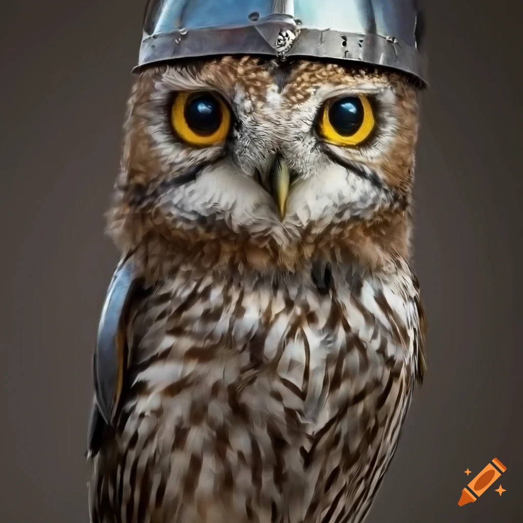 Portrait of an owlet wearing a knight's helmet on Craiyon